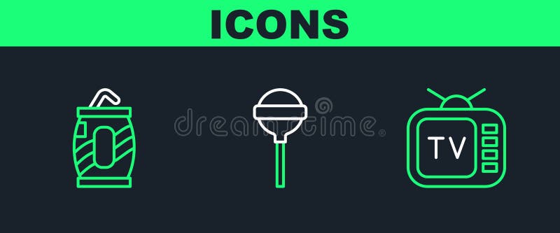 Set Line Retro Tv, Soda Can with Straw and Lollipop Icon. Vector Stock ...