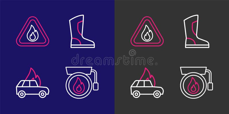 Set Line Ringing Alarm Bell, Burning Car, Fire Boots and Flame Triangle ...