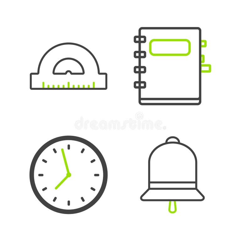 Set Line Ringing Bell, Clock, Notebook and Protractor Grid for ...