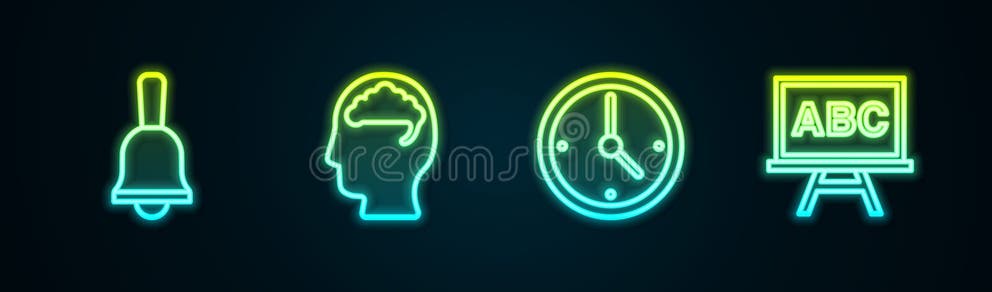Set Line Ringing Bell, Human Brain, Clock and Chalkboard. Glowing Neon ...