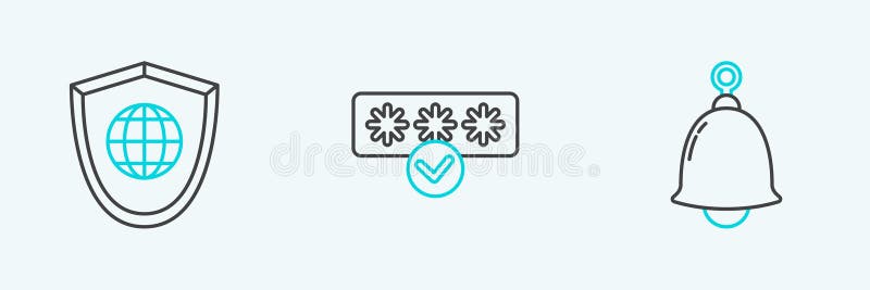 Set Line Ringing Bell, Shield with World Globe and Password Protection ...