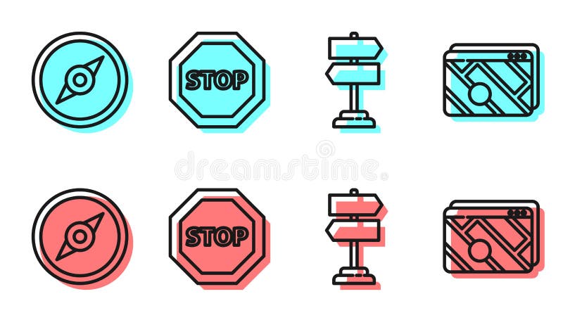 Set Line Road Traffic Sign, Compass, Stop Sign and Infographic of City ...