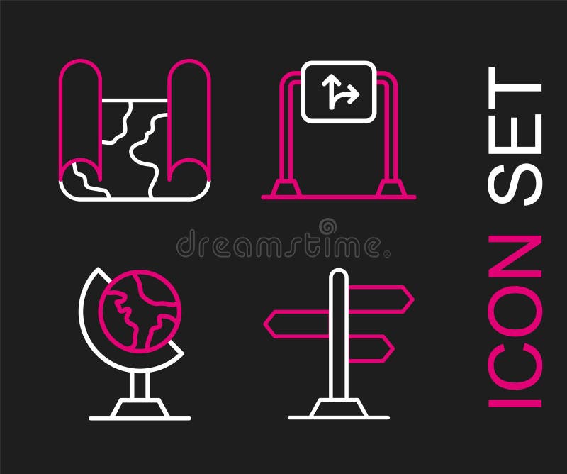 Set Line Road Traffic Sign, Earth Globe, and Folded Map Icon. Vector ... Set Line Road Traffic Sign, Earth Globe, and Folded Map Icon. Vector ...