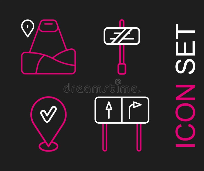 Set Line Road Traffic Sign, Location with Check Mark, and Mountain Icon ...