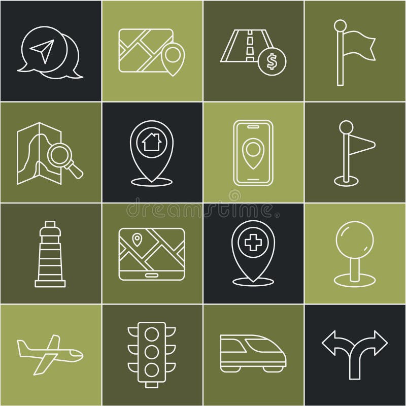 Set Line Road Traffic Sign, Push Pin, Location Marker, Toll Road, with ... Set Line Road Traffic Sign, Push Pin, Location Marker, Toll Road, with ...