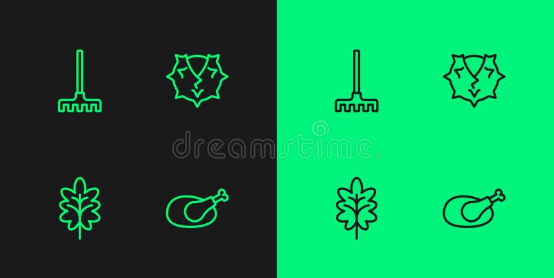 Set Line Roasted Turkey or Chicken, Leaf, Garden Rake and Chestnut Icon ...