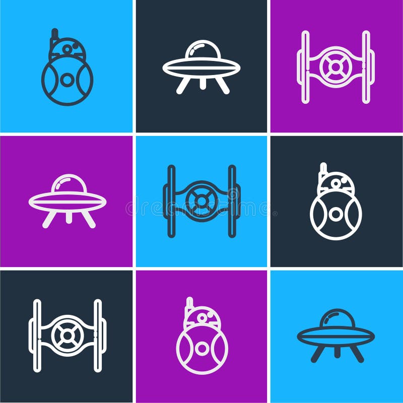 Set Line Robot, Cosmic Ship and UFO Flying Spaceship Icon. Vector Stock ... Set Line Robot, Cosmic Ship and UFO Flying Spaceship Icon. Vector Stock ...
