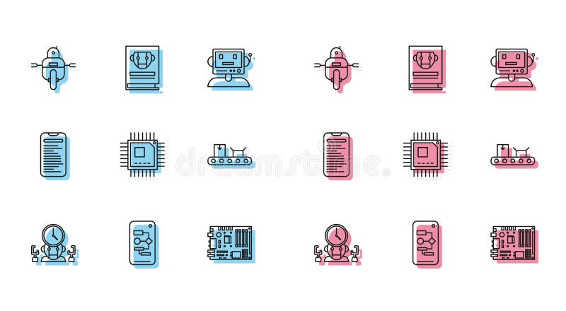 Set Line Robot and Digital Time Manager, Processor with Microcircuits CPU, Conveyor Belt ...