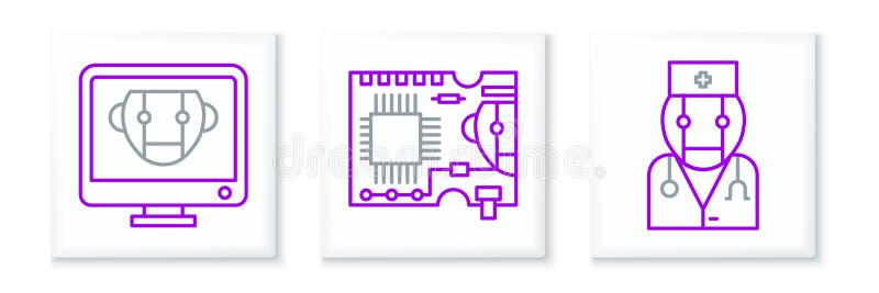 Set Line Robot Doctor, Bot and Printed Circuit Board PCB Icon. Vector ...