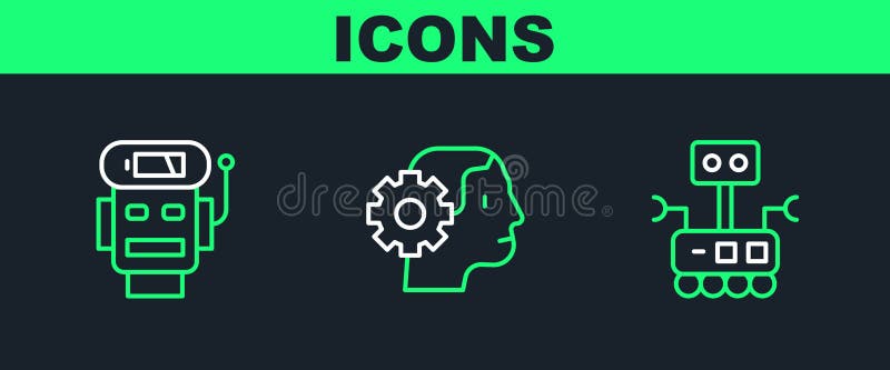 Set Line Robot, Low Battery Charge and Humanoid Robot Icon. Vector ...