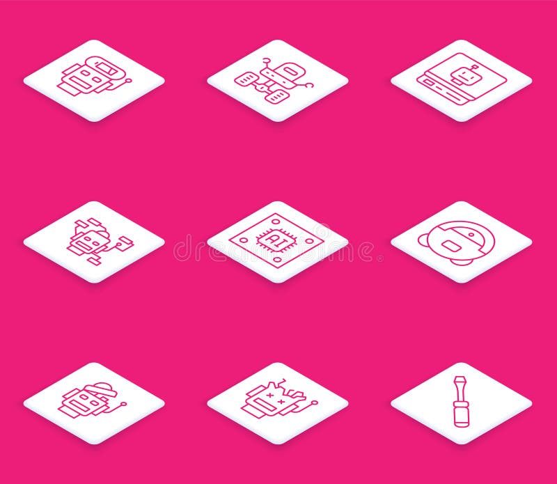 Set Line Robot Low Battery Charge, Mars Rover, Processor with Microcircuits CPU, Vacuum Cleaner ...