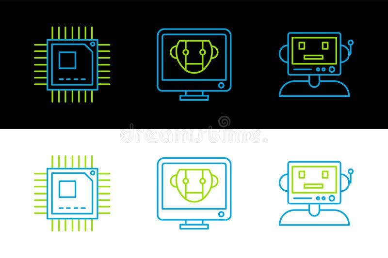 Set Line Robot Processor With Microcircuits Cpu And Bot Icon Vector Stock Vector 9287