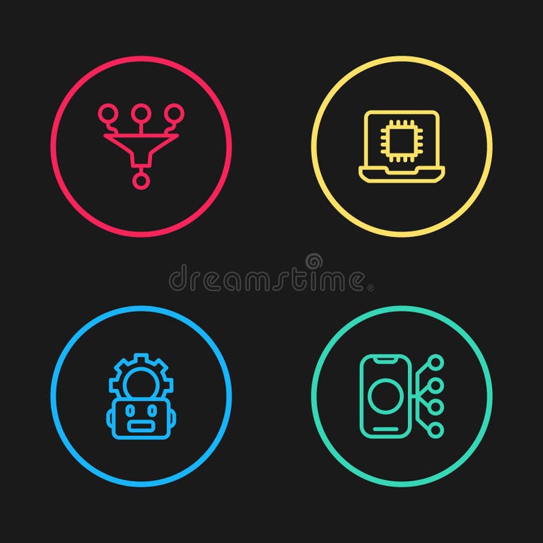 Set Line Robot Setting, Neural Network, Processor CPU and Funnel Filter Icon. Vector Stock ...