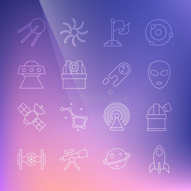 Set Line Rocket Ship, Astronomical Observatory, Alien, Moon with Flag ... Set Line Rocket Ship, Astronomical Observatory, Alien, Moon with Flag ...