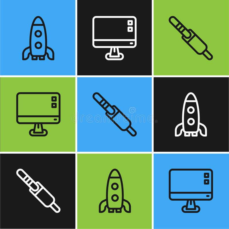 Set Line Rocket Ship, Audio Jack and Computer Monitor Screen Icon ...