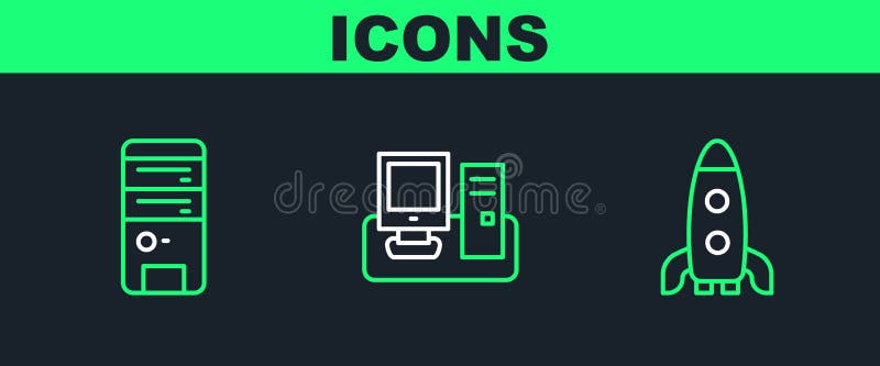 Set Line Rocket Ship, Computer and Monitor with Keyboard Icon. Vector ...
