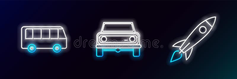 Set Line Rocket Ship with Fire, Bus and Off Road Car Icon. Glowing Neon ... Set Line Rocket Ship with Fire, Bus and Off Road Car Icon. Glowing Neon ...
