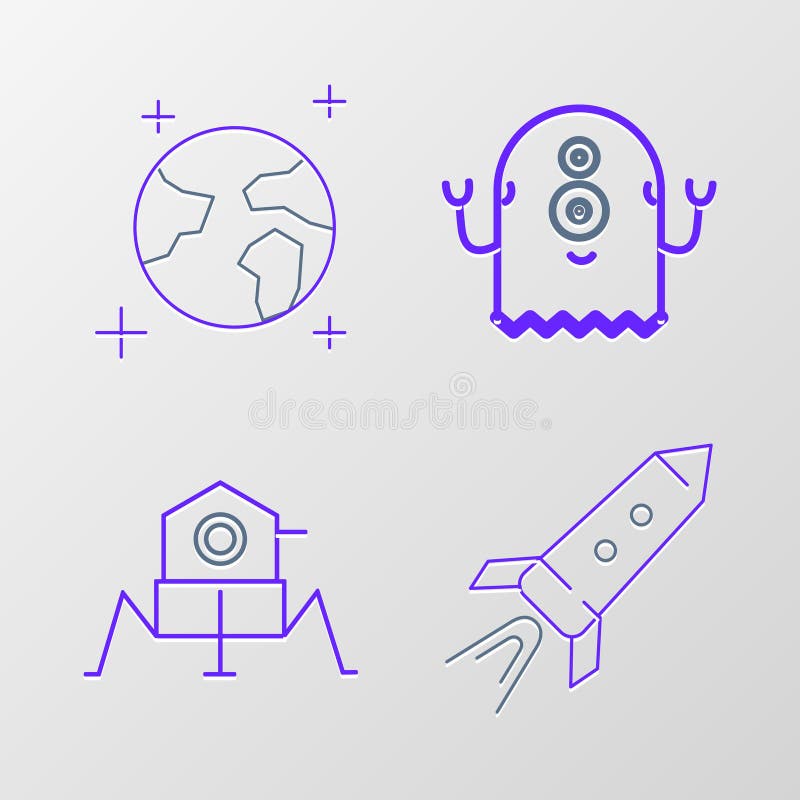 Set Line Rocket Ship with Fire, Mars Rover, Alien and Earth Globe Icon ...