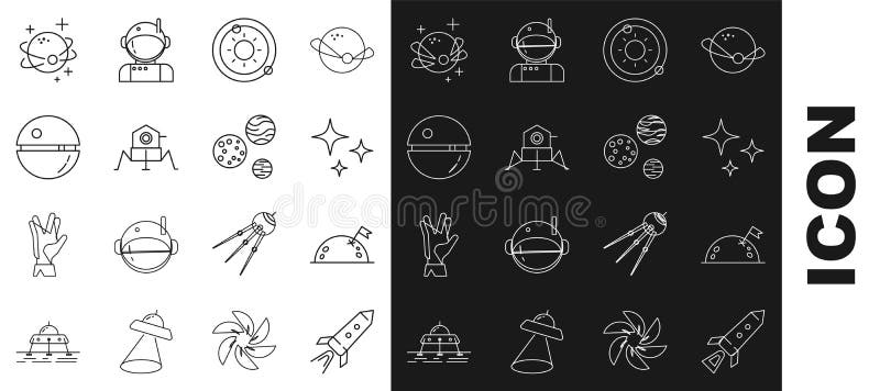 Set Line Rocket Ship with Fire, Planet Flag, Falling Star, Solar System ...