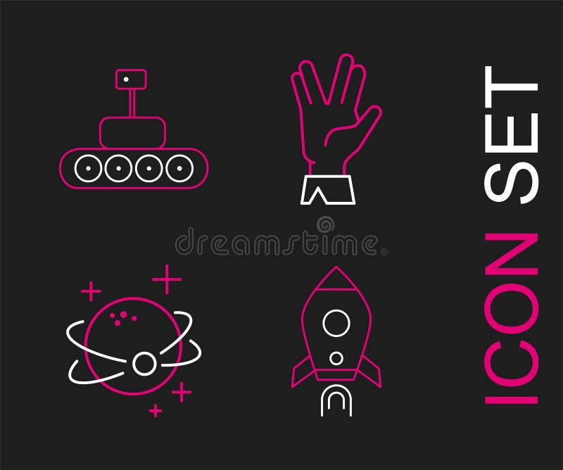 Set Line Rocket Ship with Fire, Planet, Vulcan Salute and Mars Rover ... Set Line Rocket Ship with Fire, Planet, Vulcan Salute and Mars Rover ...