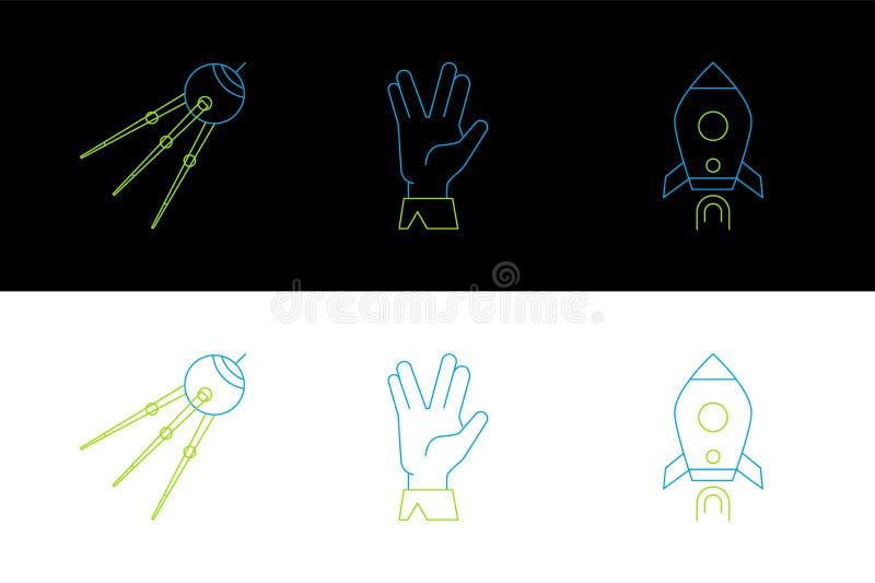 Set Line Rocket Ship with Fire, Satellite and Vulcan Salute Icon ... Set Line Rocket Ship with Fire, Satellite and Vulcan Salute Icon ...