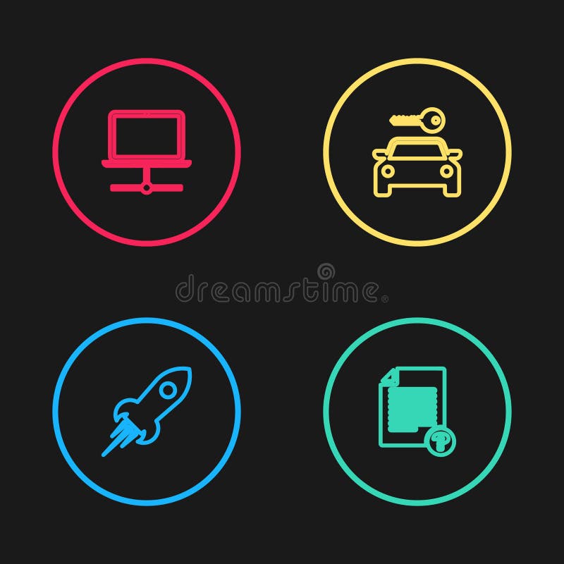 Set Line Rocket Ship with Fire, Unknown Document, Car Rental and ... Set Line Rocket Ship with Fire, Unknown Document, Car Rental and ...