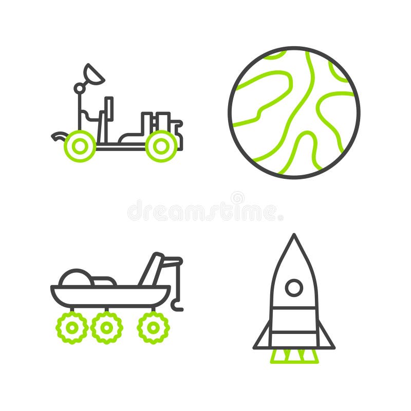 Set Line Rocket Ship, Mars Rover, Falling Stars and Icon. Vector Stock ...