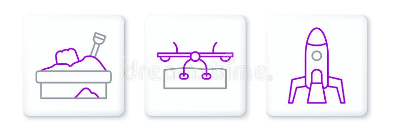 Set Line Rocket Ship, Sandbox with Sand and Seesaw Icon. Vector Stock ...