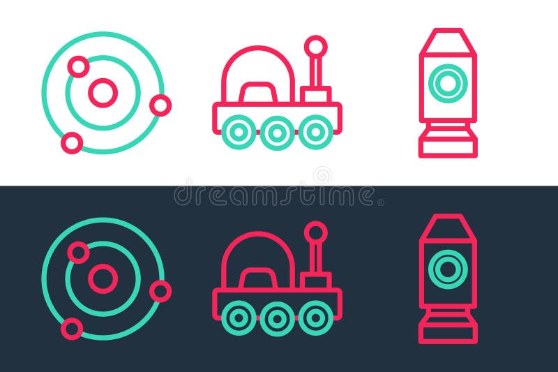 Set Line Rocket Ship, Solar System and Mars Rover Icon. Vector Stock ...