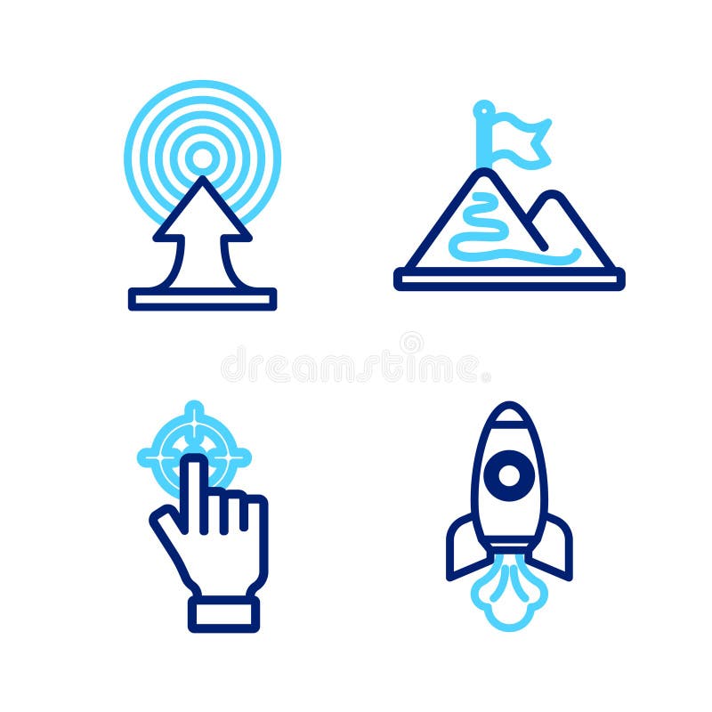 Set Line Rocket Ship, Target, Mountains with Flag and Arrow Icon ...