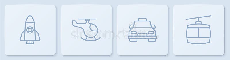Set Line Rocket Ship, Taxi Car, Helicopter and Cable. White Square ...
