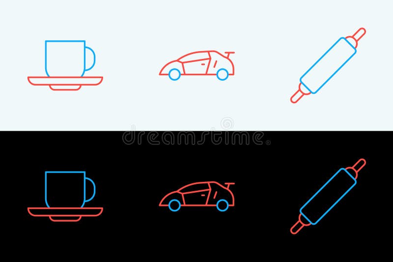 Set Line Rolling Pin, Coffee Cup and Sport Racing Car Icon. Vector ...