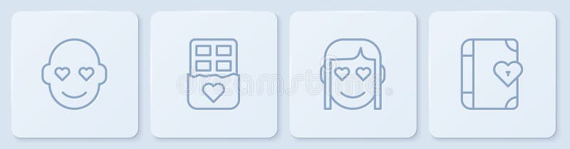 Set Line Romantic Man, Girl, Chocolate Bar and Love Diary. White Square ...
