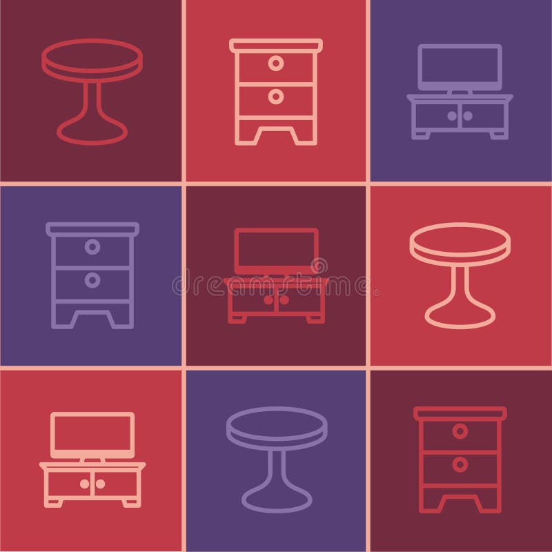 Set Line Round Table Tv Stand Y Mueble De Noche Icono. Vector ...