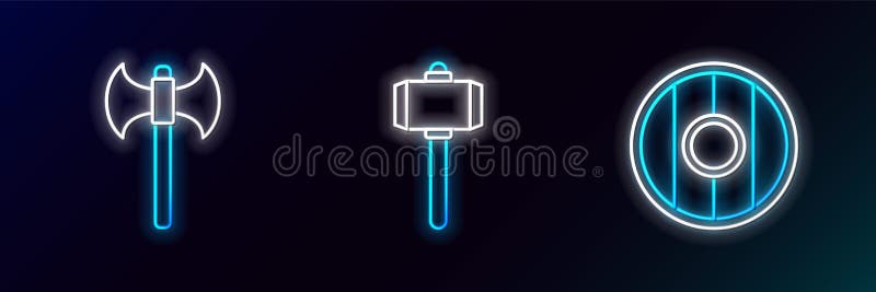 Set Line Round Wooden Shield, Medieval Axe and Battle Hammer Icon ...