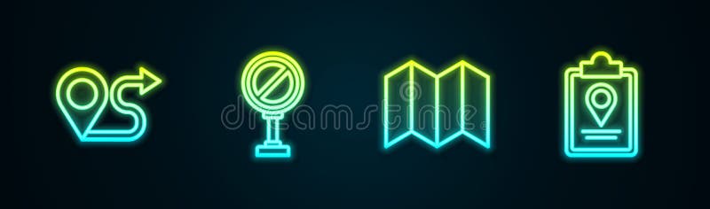 Set Line Route Location, Stop Sign, Folded Map and with Marker. Glowing ...