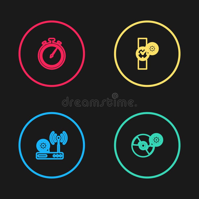 Set Line Router And Wi Fi Setting Cd Or Dvd Disk Wrist Watch And Stopwatch Icon Vector Stock