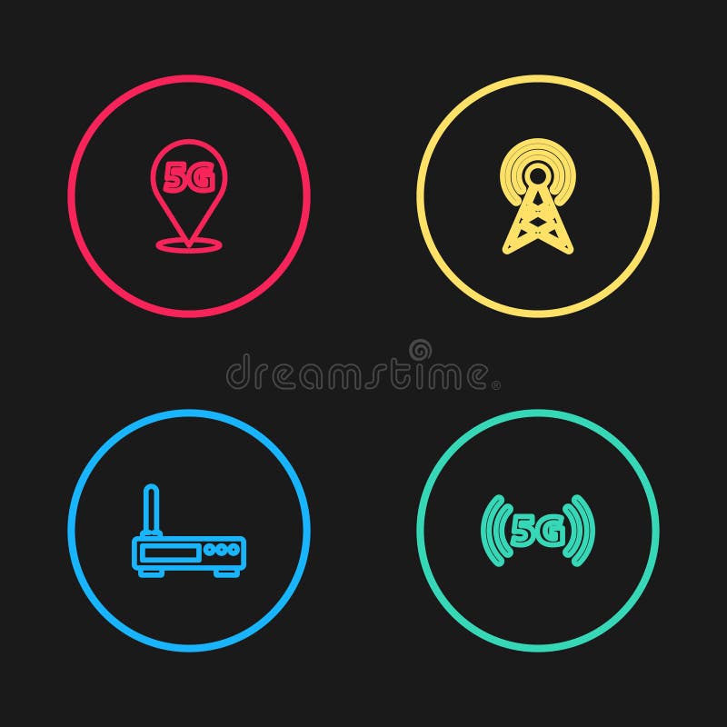 Set Line Router and Wi-fi Signal, 5G Network, Antenna and Location Icon ...