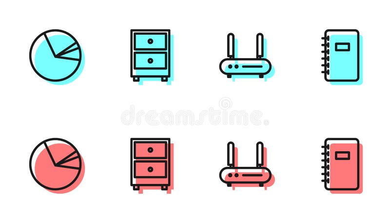 Set Line Router and Wi-fi Signal, Pie Chart Infographic, Drawer with ...