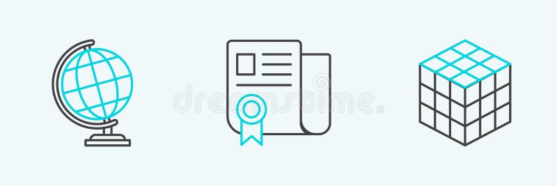 Set Line Rubik Cube, Earth Globe and Certificate Template Icon. Vector ...