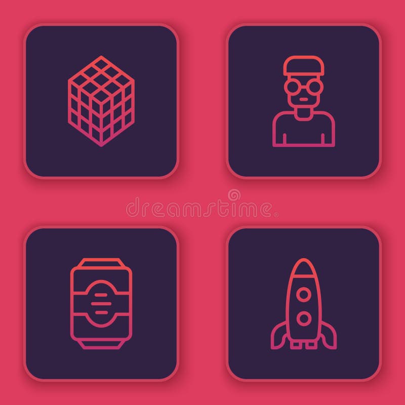 Set Line Rubik Cube, Energy Drink, Nerd Geek and Rocket Ship. Blue ...