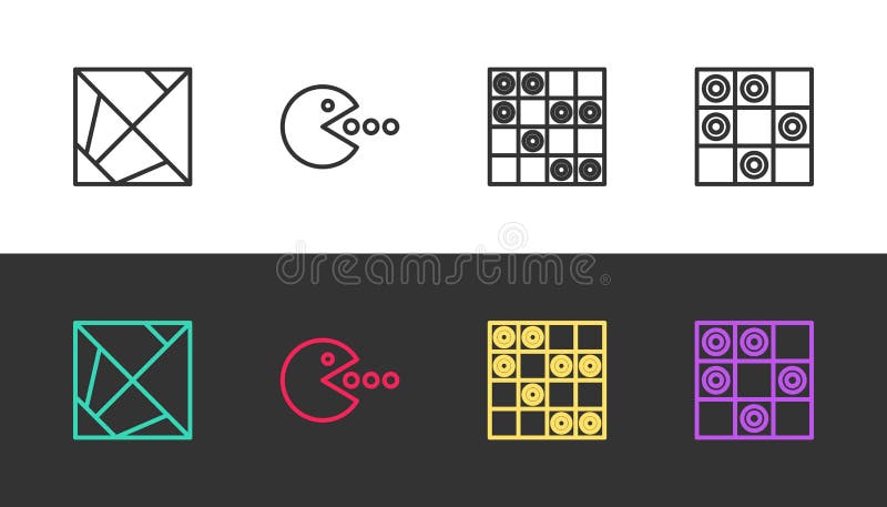 Set Line Rubik Cube, Pacman with Eat, Board Game of Checkers and on ...