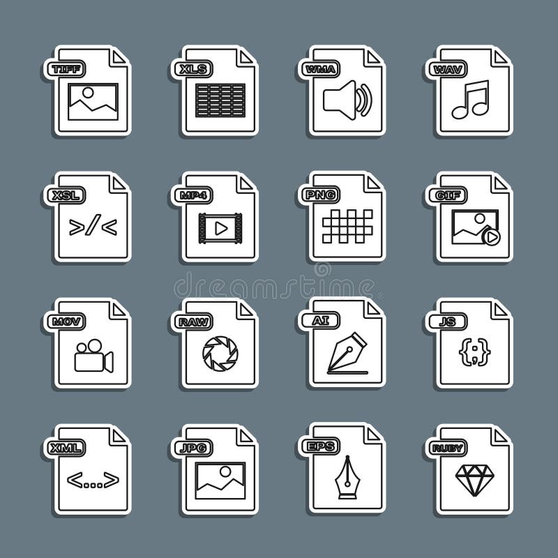 Set Line RUBY File Document, JS, GIF, WMA, MP4, XSL, TIFF and PNG Icon ... Set Line RUBY File Document, JS, GIF, WMA, MP4, XSL, TIFF and PNG Icon ...