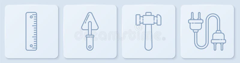 Set Line Ruler, Hammer, Trowel and Electric Plug. White Square Button ...