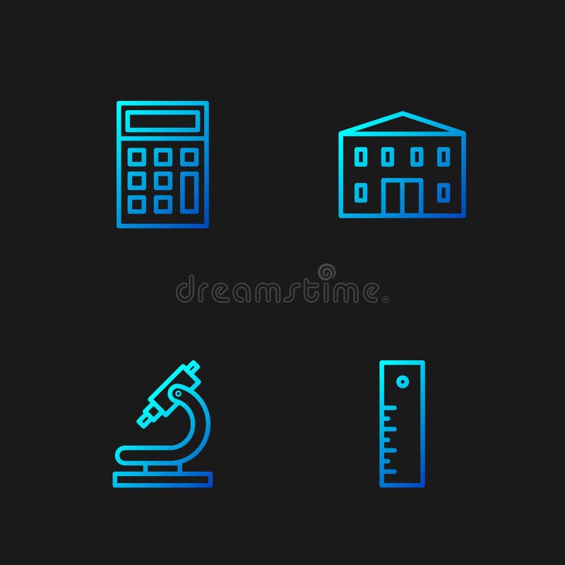 Set Line Ruler, Microscope, Calculator and School Building. Gradient ...