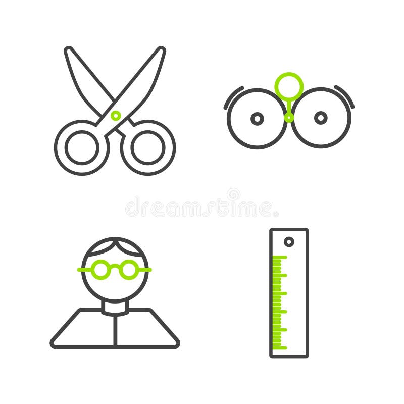 Set Line Ruler, Student, Ringing Alarm Bell and Scissors Icon. Vector ...