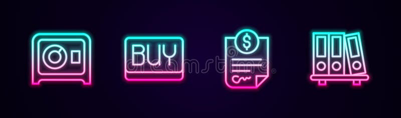 Set Line Safe, Buy Button, Contract Money and Office Folders. Glowing ...