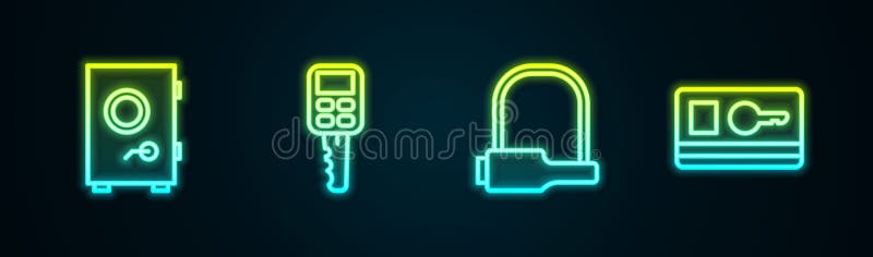 Set Line Safe, Car Key with Remote, Bicycle Lock and Key Card. Glowing ...