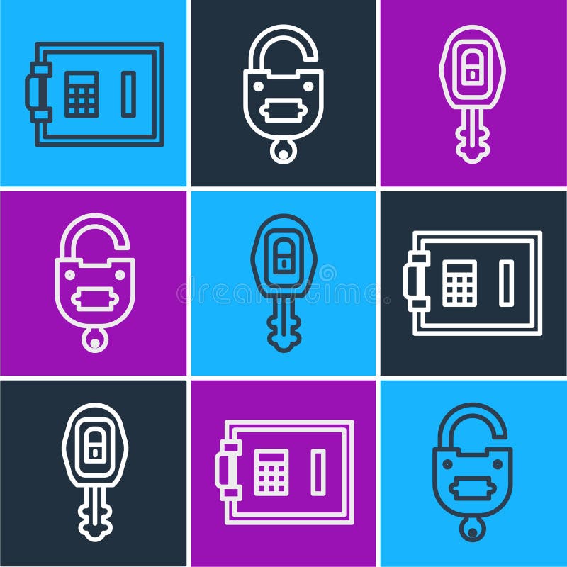 Set Line Safe, Car Key with Remote and Lock and Key Icon. Vector Stock ...