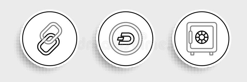 Set Line Safe, Chain Link and Cryptocurrency Coin Dash Icon. Vector ...